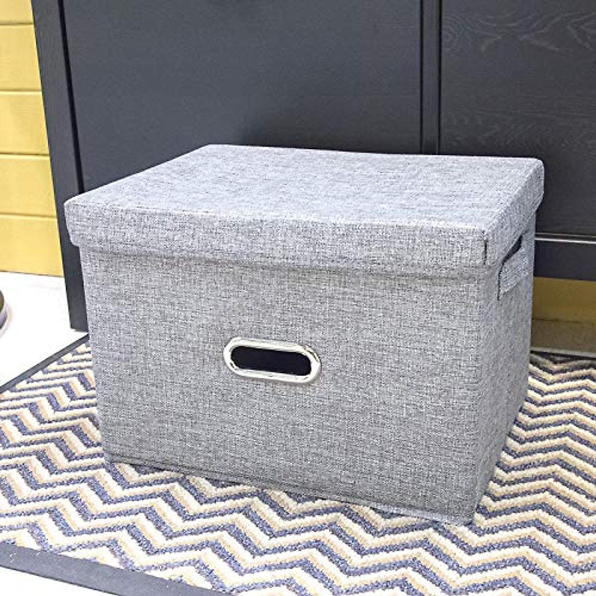 Storage Cube with Lid, Fabric Basket Bin with Dual Handles, Decorative Linen Storage Container Clothes Basket for Closet, Shelves, 15" x 11" x 10.2", Grey