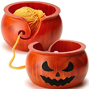 Sieral 2 Pcs Christmas Wooden Yarn Bowl Holder, Pumpkin Decoration Yarn Bowl for Crocheting 6.5 x 6.5 x 3.9 Inch Craft Knitting Bowl Crochet Yarn Holder for Handmade Crocheting Winter Mother's Gift