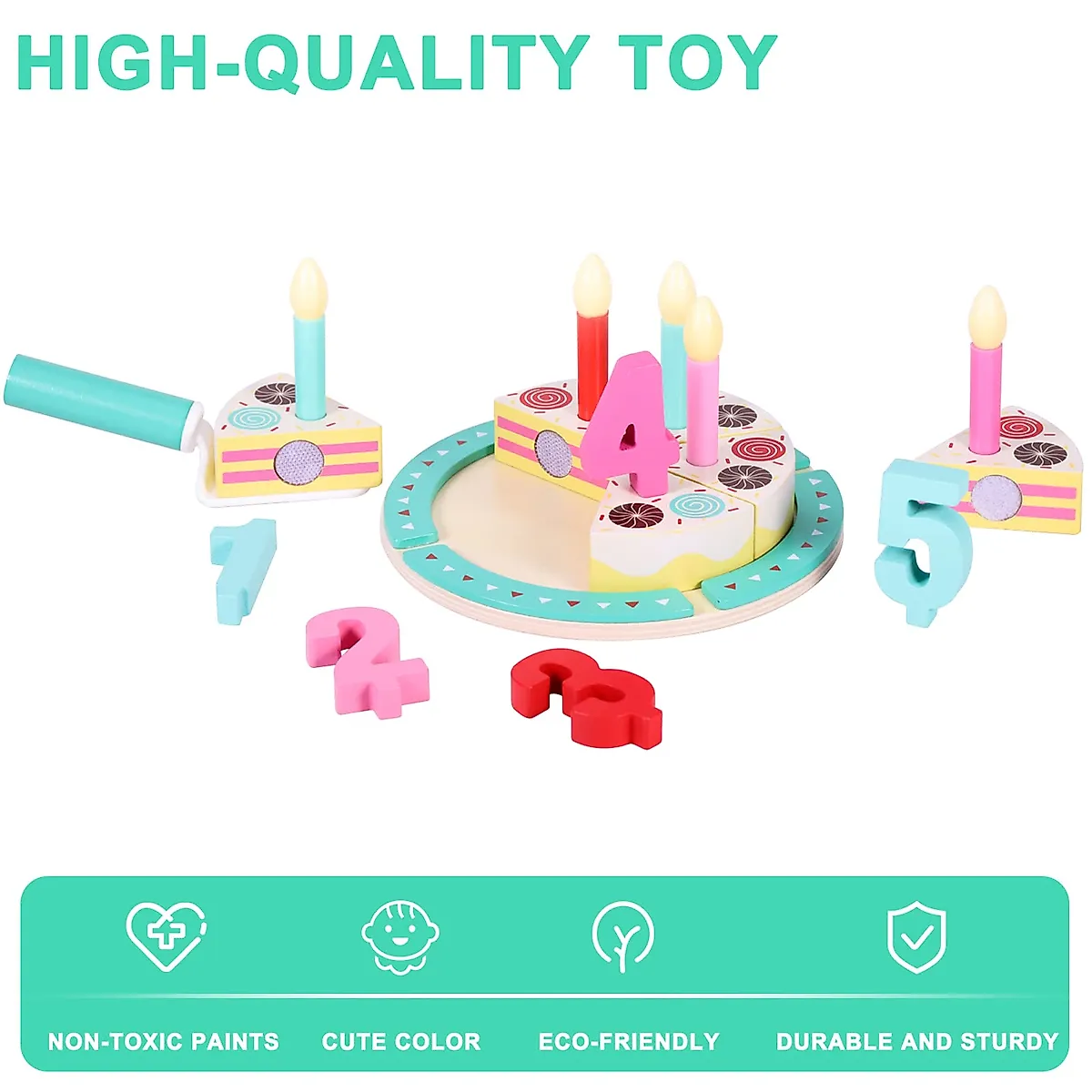 Birthday Cake Cutting Toys, Wooden Play Food Set for Kids Toddlers, Pretend Play Kitchen Toys for Boys Girls