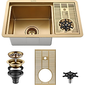 AS1514XG Brushed Gold Bar Sink with Glass Riner and AguaStella AS59BG Brushed Gold Pull Down Bar Faucet