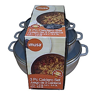 IMUSA USA Traditional Colombian Natural Caldero Glass Lid & Steam Vent 3-Piece (1.4/3.4/6.6) Quart, Silver (Dutch Oven Set)
