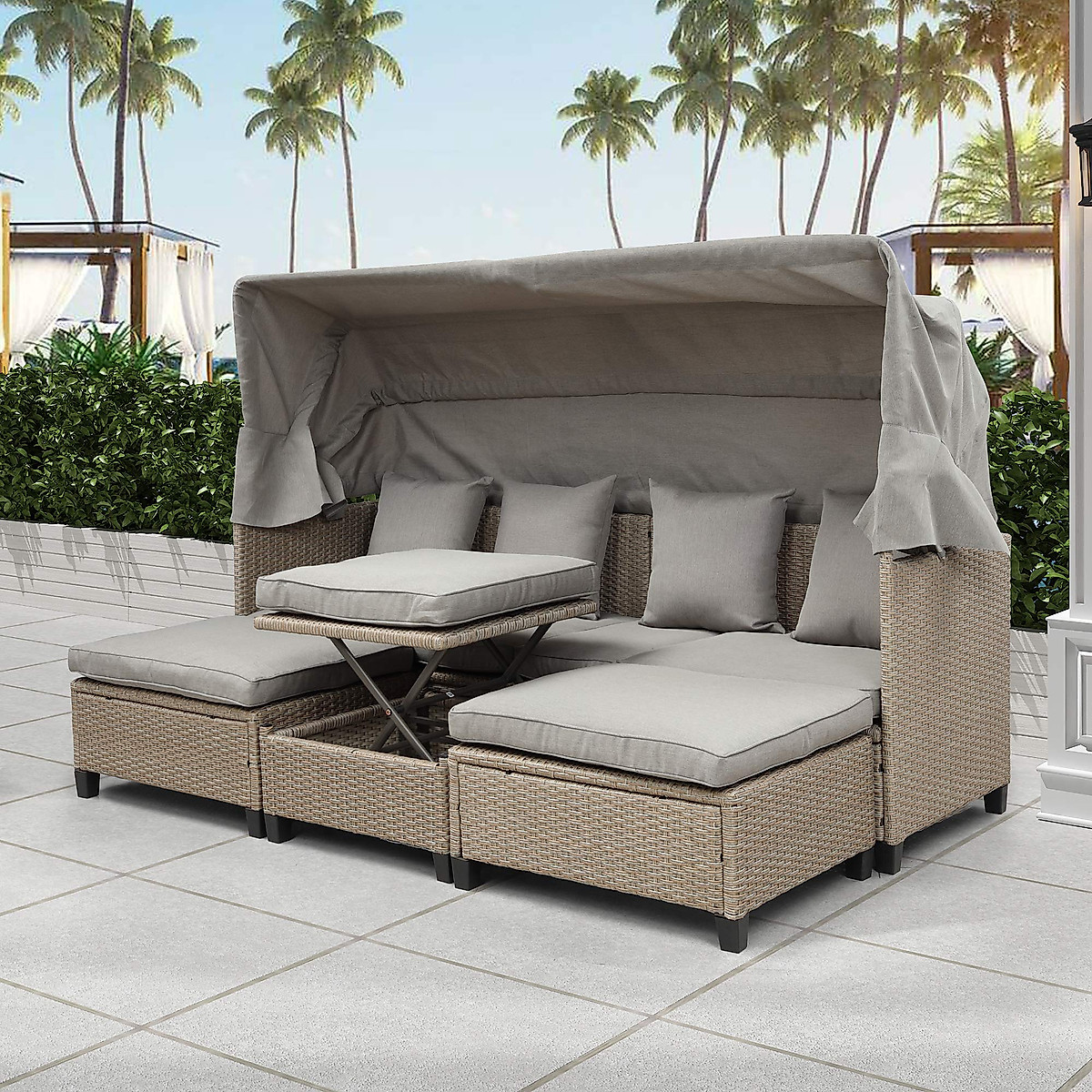 All-Weather Outdoor PE Wicker Sunbed Daybed with Retractable Canopy, UV-Resistant Patio Sectional Sofa Set with Cushions and Lifting Table for Lawn Garden Backyard Poolside