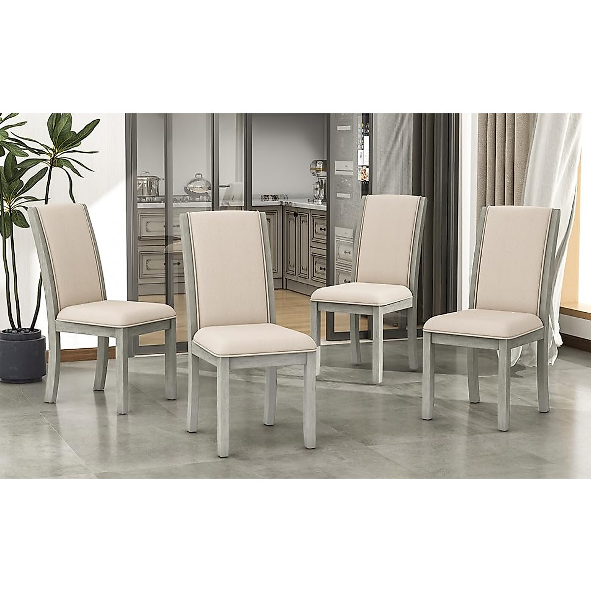 Penifun Set of 4, Full Back Set with Upholstered, Farmhouse Dining Chairs with Solid Wood Frame and Legs,Gray+Cushion Beige