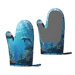 Blue Ocean Underwater Fish Printed Oven Mitts Heat Resistant Oven Gloves Non-Slip Silicone Kitchen Gloves for Cooking Baking BBQ Gloves 1 Pair
