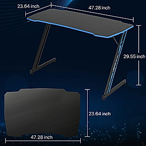 HKLGorg Gaming Desk 47 Inch Computer Desk Gaming Table Writing Table Modern Ergonomic Racing Style Home Office Desk Workstation Carbon Fiber Headphone Hook-Blue