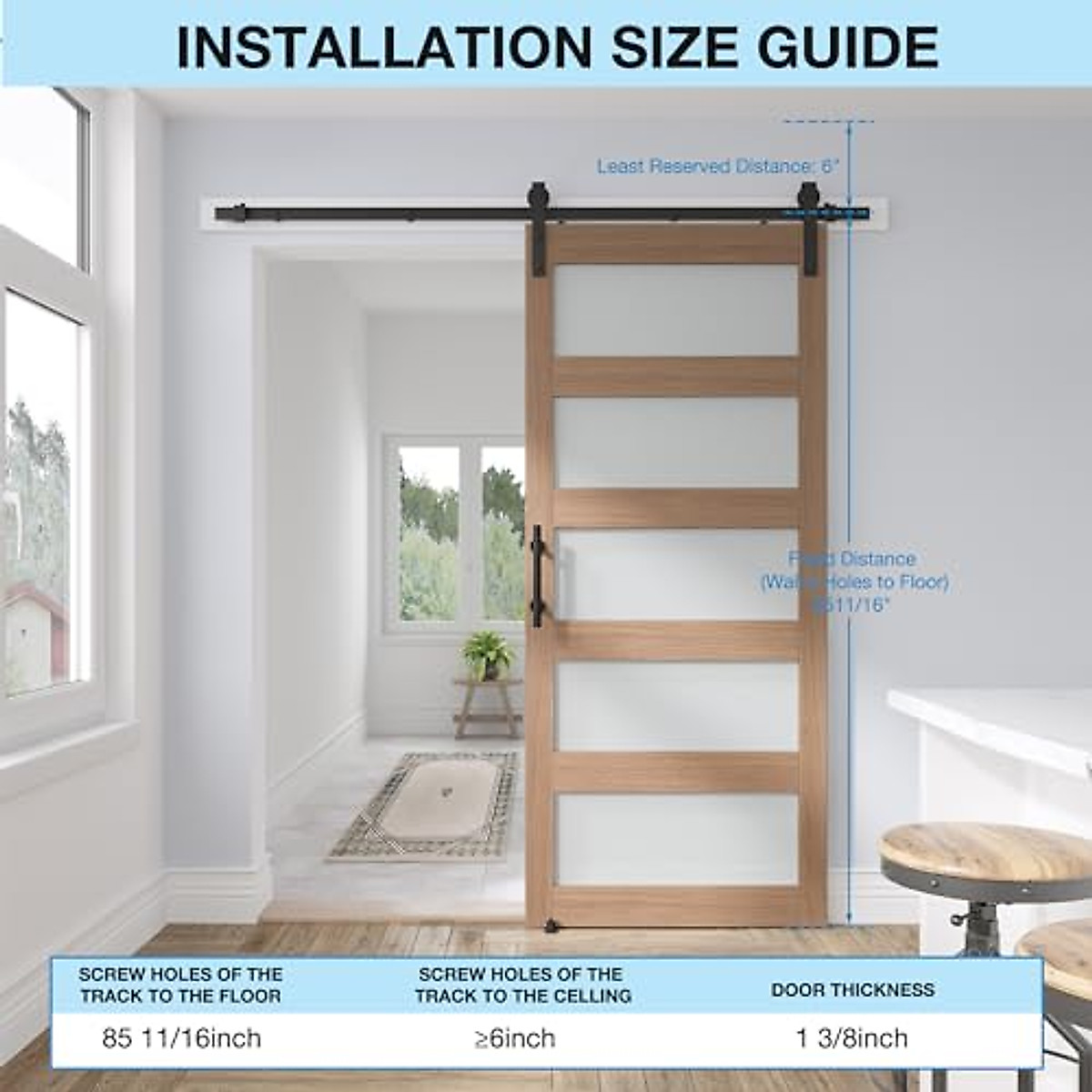 COSHOMER 36in x 84in 5-Panel Sliding Glass Barn Door with 6.6ft Hardware Kit Included, Easy Assembly with Pre-Drilled Holes, Waterproof, Frosted Glass - Fit Max Opening 34in x 82in, Natural Walnut