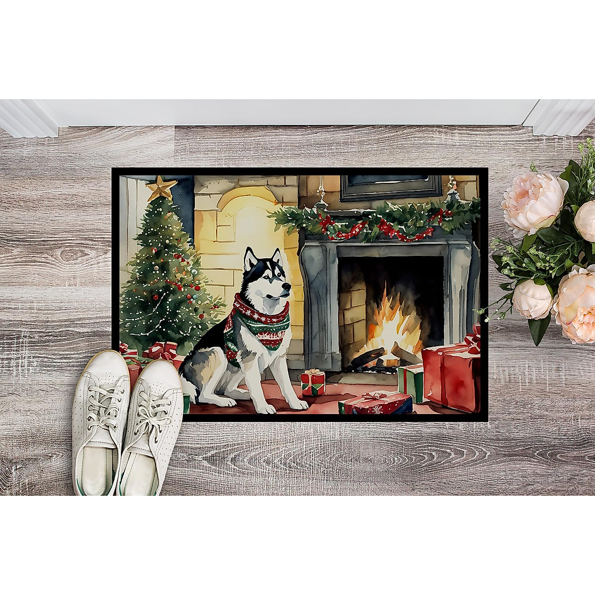 Caroline's Treasures DAC2753JMAT Siberian Husky Cozy Christmas Doormat Front Door Mat Indoor Outdoor Rugs for Entryway, Non Slip Washable Low Pile, 24H X 36W