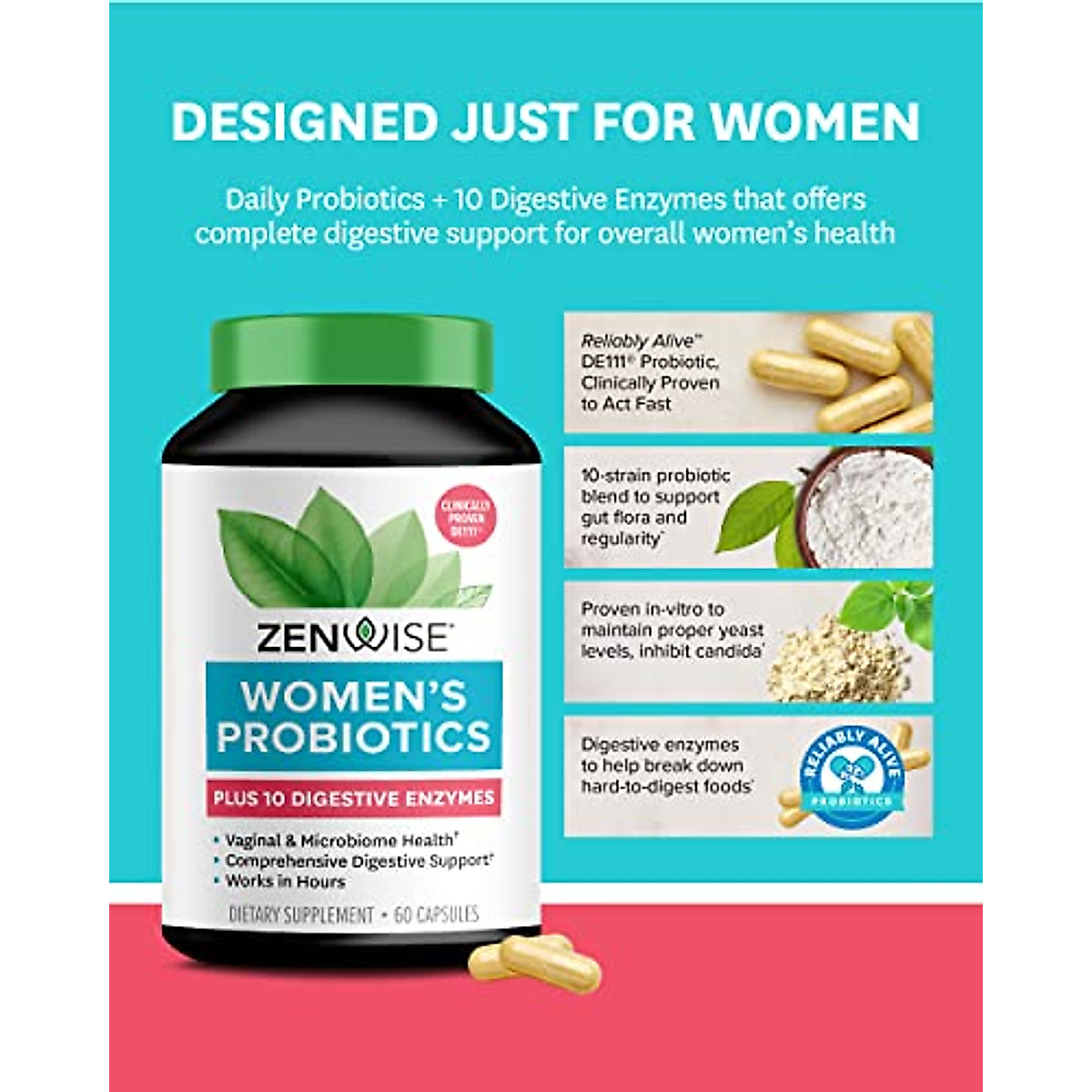 Zenwise Probiotics for Women – Probiotics + Digestive Enzymes for Vaginal Health, and Daily Gut Flora Health. Reliably Alive Probiotics for Digestive Health Wellness - 60 Count