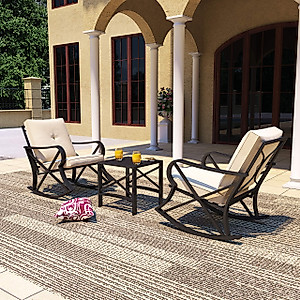 PatioFestival Rocking Chairs Bistro Set Metal Outdoor Furniture Conversation Set with Coffee Table&Thick Cushions for Backyard,Lawn,Porch,Poolside (3PCs, Khaki)