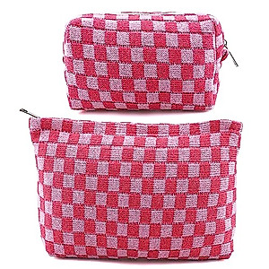 Wowang 2pcs Cute Makeup Bag Checkered Cosmetic Bag Makeup Pouch Travel Toiletry Bag for Women Aesthetic Accessories Makeup Brushes Storage Bag Organizer (Pink)