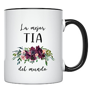 YouNique Designs La Mejor Tia – Portable Coffee Mugs 11 Oz Aunt Gifts from Niece, Nephew, Best Aunt Ever Gifts, Christmas, Birthday Gifts for Aunt Ceramic Coffee Cup & Tea Mug (Black Handle)