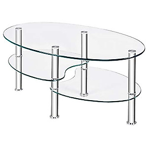 Tangkula Glass Coffee Table, Modern Furniture Decor 2-Tier Modern Oval Smooth Glass Tea Table End Table for Home Office with 2 Tier Tempered Glass Boards & Sturdy Chrome Plated Legs
