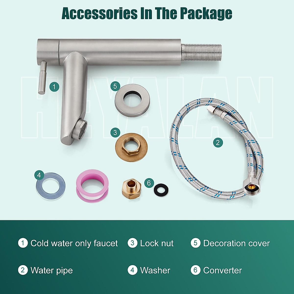 Heyalan Cold Water Only Bathroom Sink Faucet Stainless Steel SUS304 Brushed Nickel Single Handle One Hole Deck Mount Lavatory Faucet (Drain Not Included)