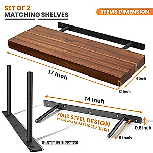 BATODA 17" Acacia Wood Floating Shelves Wall Mounted for Bathroom – Rustic Farmhouse Wooden Wall Storage Shelf for Bed Room, Kitchen, Home Décor - Brackets Included - 17 x 6 x 1.2 Inch - (Set of 2)