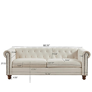 LKTART Modern Sofa Couch Upholstered Comfy Sofa Tufted Couch with Deep Seats, Chesterfield 3 Seater Sofa with 2 Pillows for Living Room Apartment Office Lounge White