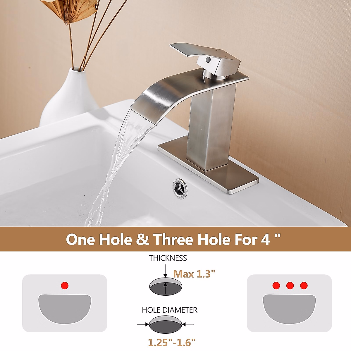 Fransiton Brushed Nickel Waterfall Bathroom Faucet Lavatory Single Handle 1 or 3 Hole Bathroom Sink Faucet Washbasin Faucet with Deck and Pop-up Drain