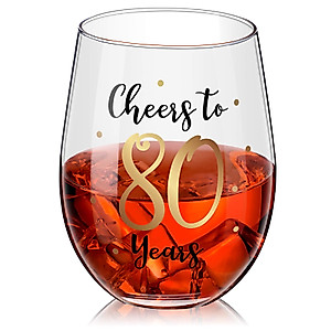 Patelai Birthday Stemless Wine Glass, Gold Birthday Wine Glass Present for Men Women Birthday Party Christmas New Year Wedding Anniversary Party Decorations 17 Oz Stemless(Cheers to 80 Years)