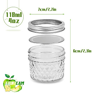 FRUITEAM 4 oz 12 PACK Mini Mason Jars with Lids and Bands, Quilted Crystal Jars Ideal for Food Storage, Jam, Body Butters, Jelly, Wedding Favors, Baby Foods