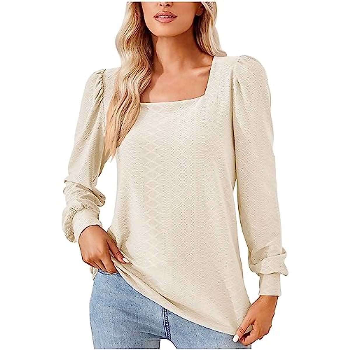 Prime Deals of The Day Today only Puff Long Sleeve Tops for Women Square Neck Solid Color Pleated T-Shirts Dressy Casual Basic Lightweight Tunics Beige M