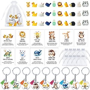Geetery 120 Pcs Inspirational Gift Include Appreciation Animal Pun Thank You Note Cards Funny Resin Toys Motivational Keychain Organza Bags for Coworkers Family Nurse Friend Volunteer Pocket Favors