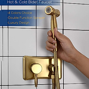 Bidet Sprayer Faucet Set with Cold and Hot Water Brass Handheld Toilet Bidet Attachment Pressure Sprayer Wall Mount Portable Cloth Diaper Washer Shower Sprayer Set/Brushed Gold (Black)