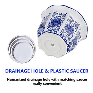 HakkaGirl Ceramic Pots for Plants, Chinoiserie Décor Ceramic Flower Pots Planters for Indoor Plants with Drainage, Blue and White, Set of 3