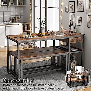 STIKELY Dining Table Set for 4-6 People, 3 Pieces Kitchen Dinner Table Set with 2 Drawers & Long Benches, Dining Room Table with Wine Rack & Glass Holder and Storage Shelf for Home Kitchen Use
