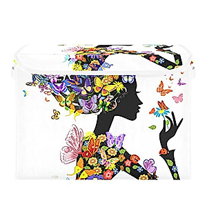 RunningBear Flowers Girl Butterflies Large Storage Bins with Lid Collapsible Storage Bin Storage Organizer Bin Cute Bin for Shelf Closet Nursery Home