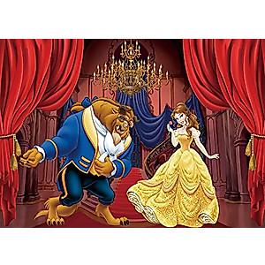 Beauty and The Beast Backdrop Palace Golden Chandelier Red Curtain Photography Background Princess Girl Baby Shower Birthday Party Studio Photo Decoration Props 7x5FT