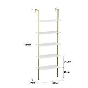 Panana Industrial 5 Tier Ladder Shelf, Open Space Book Shelf Wall Mount Bookshelf with Metal Frame Sturdy Bookcase for Living Room (White, 5 Tier)