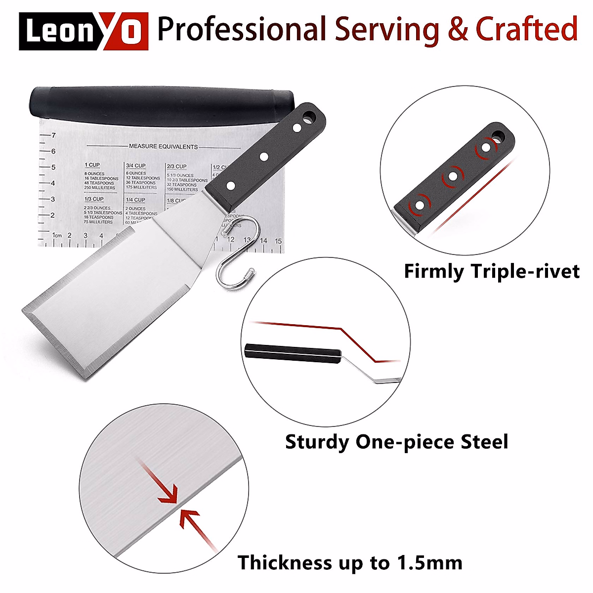 Leonyo Griddle Accessories Set of 7, Stainless Steel Metal Spatula Scraper Turner for Flat Top Grill Pan BBQ, Dishwasher Safe, 6 x Hanging Hooks