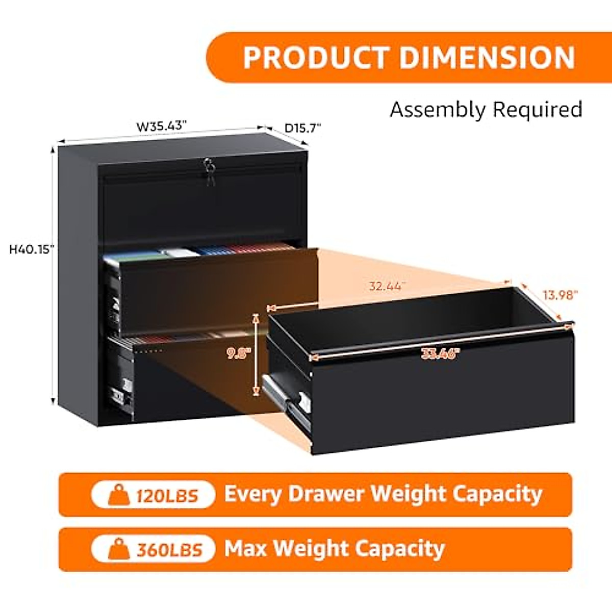 METAN 3 Drawer Metal Lateral File Cabinet for Home Office, Large Deep Metal File Cabinet with Lock, 35.43 Inches Wide for Letter/Legal A4 Size, Assembly Required, Black