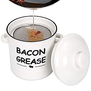 Ceramic Bacon Grease Container with Strainer - 600ml / 20oz Farmhouse Bacon Grease Keeper with Easy-Grip Handle, Bacon Fat Can for Grease Drippings and Storage - Creamy-white