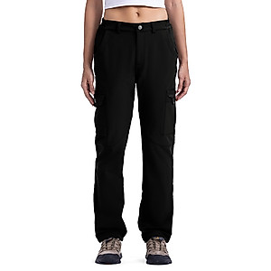 TBMPOY Women's Skiing Hiking Cargo Pants Outdoor Waterproof Windproof Softshell Fleece Snow Pants Black M