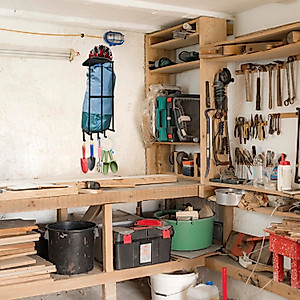 QWORK Camping Chair Wall Storage Rack - Stainless Steel Garage Organizer with Floating Shelf and 4 Hooks, Black