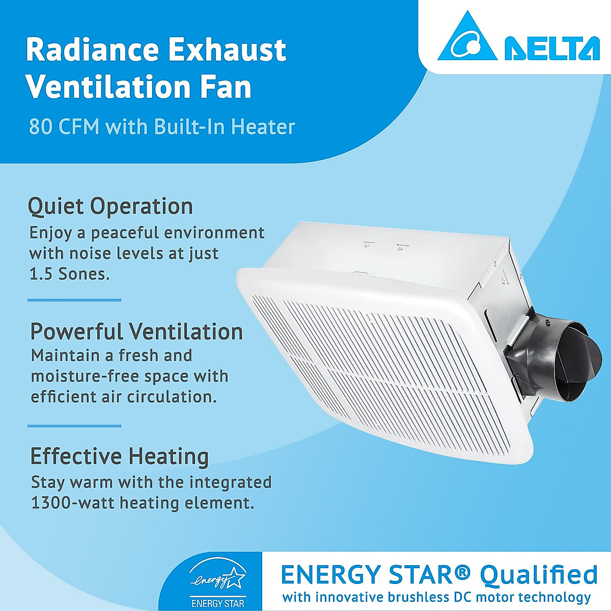 Delta Breez Radiance Exhaust Bathroom Fan 80 CFM Energy Efficient Quiet Operation Brushless Motor with Built-In Thermostat Heater, White