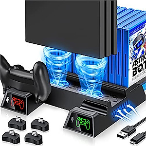 Kawaye PS4 Stand Cooling Fan for PS4 Slim/ PS4 Pro/Regular PlayStation4, PS4 Vertical Stand Controller Charger Station for Dual Charging, PS4 Accessories with Game Storage for Playstation Consoles