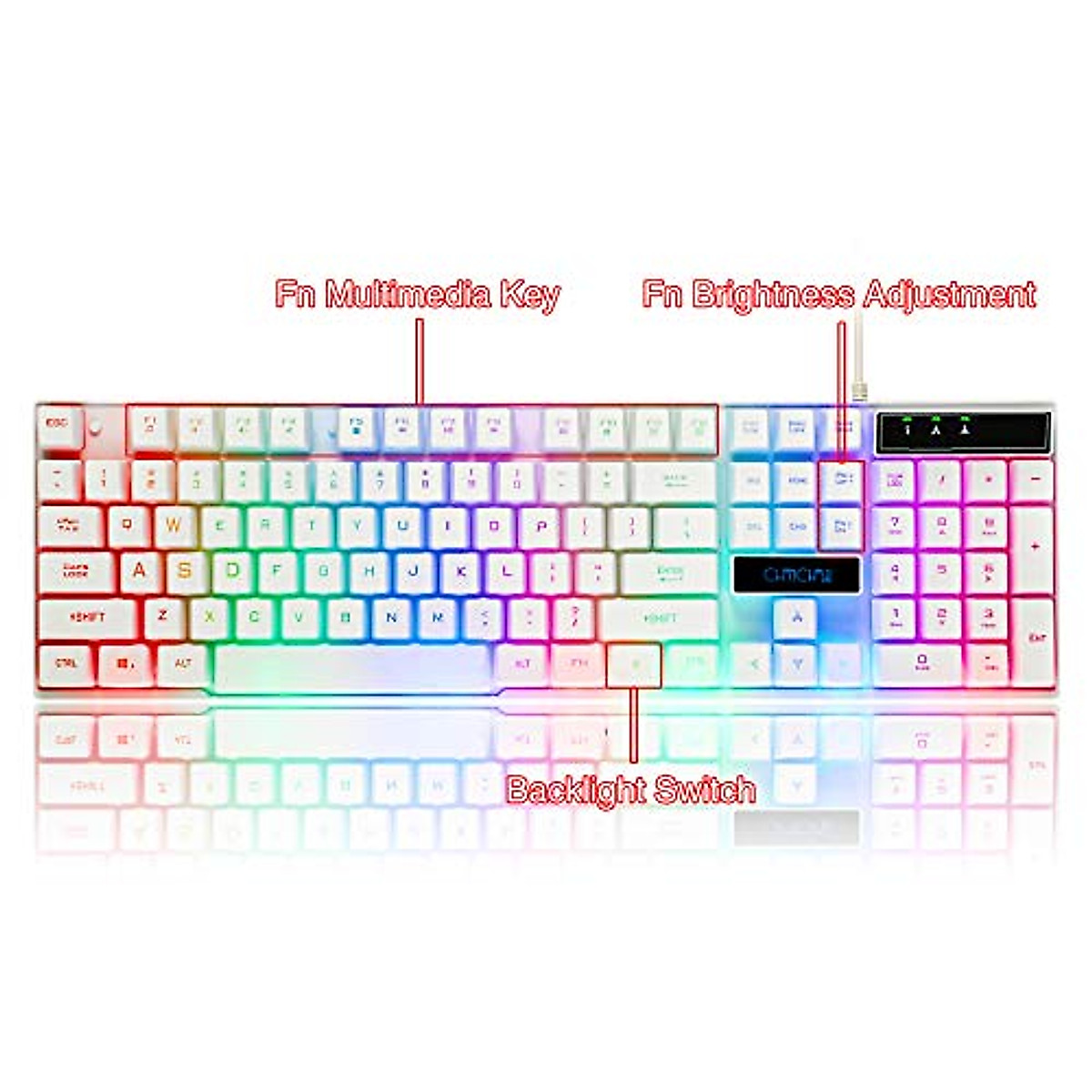 LED Backlit Wired Keyboard and Mouse Gaming Combo Mechanical Feeling Rainbow Backlight Emitting Character 3200DPI Adjustable USB Mice Compatible with PC Raspberry Pi iMac TDW910(White)