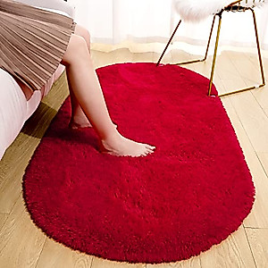 DETUM Soft Fluffy Area Rugs, 2.6 x 5.3 Feet Red Plush Rug for Girls Boys Bedroom Oval Throw Rug for Nursery Reading Room, Shaggy Cute Rugs for Kids Room Bedside School Dorm Home Décor