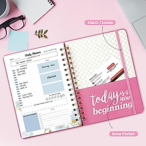 Siltamu Daily Planner Undated 6.1″ x 8.5″,To Do List Notebook with Hourly Schedule,Meal Planning and Spiral Appointment Organizers for Men and Women with Pocket and Pen Loop - Pink