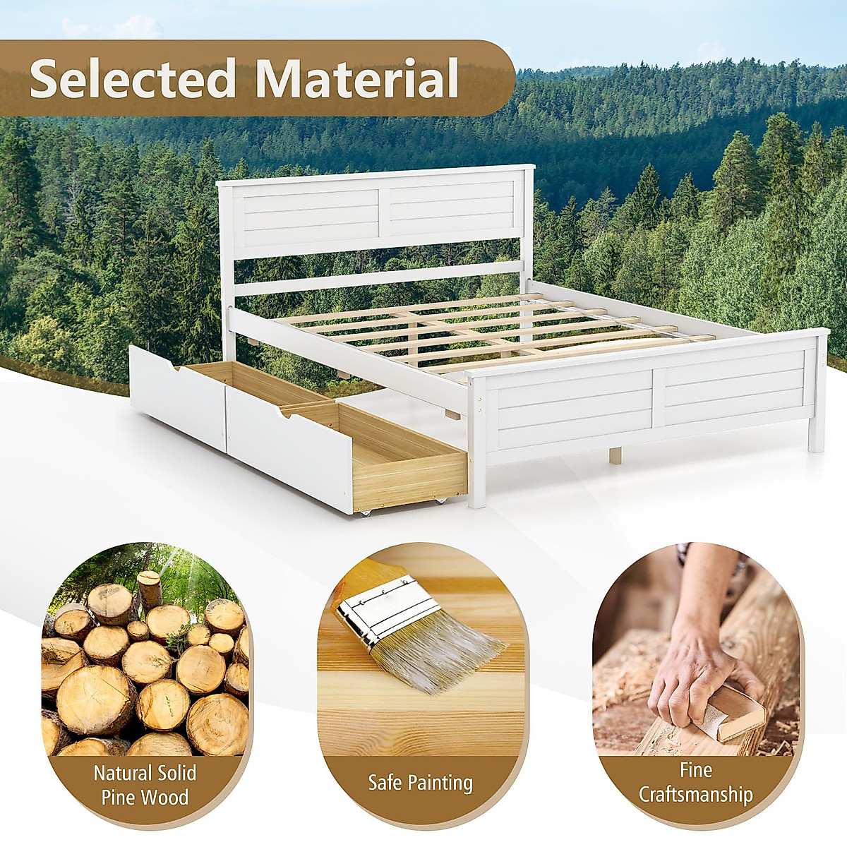 KOMFOTT Full Size Wood Bed Frame with 2 Storage Drawers, Mid Century Platform Bed Frame with Headboard, Sturdy Wooden Slats Support, Modern Mattress Foundation, No Box Spring Required, Easy Assembly