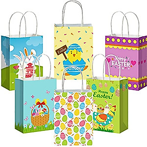12 Pieces Easter Gift Paper Bags Easter Party Favor Bags with Handles Easter Treat Bags Kids with Happy Easter for Easter Party Supplies Candy Cookie Goodies Gift Wrapping