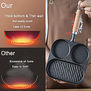 JUSTUP Nonstick Frying Pan,3-Section Cast Iron Egg Pan Divided Pan with Wooden Handle,3-in-1 Versatile Breakfast Pan,Mini Skillet Pan for Egg,Steak and Burgers (Black)