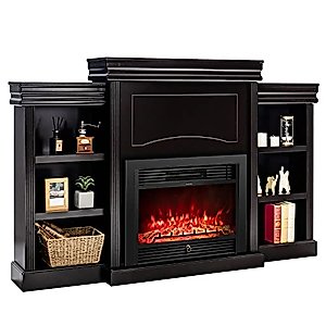 Tangkula 70" Mantel Fireplace, 750W/1500W Electric Fireplace w/Mantel & Built-in Bookshelves, 28.5-Inch Electric Fireplace w/Remote Control, 1-8H Timer, Adjustable Flame Brightness & Color (Black)