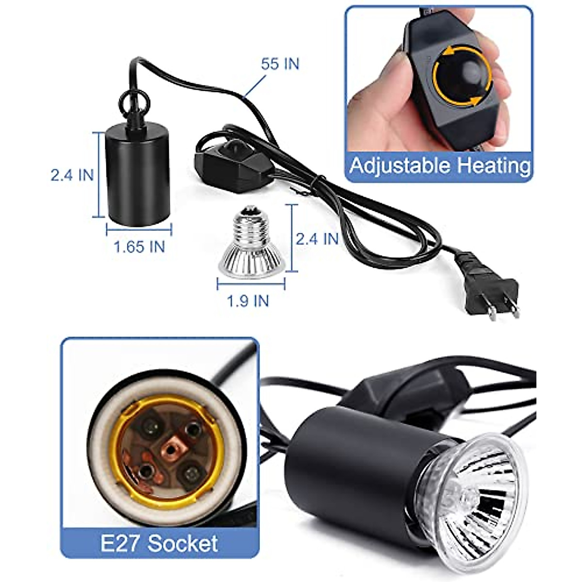 Reptile Heat Lamp with Adjustable Lamp Stand for Reptile, Turtle Heat Lamp Basking Light Bulb with Metal Light Stand For Terrarium and Tank, Heating Lamp Holder with Small Heat Lamp and Dimmer Switch
