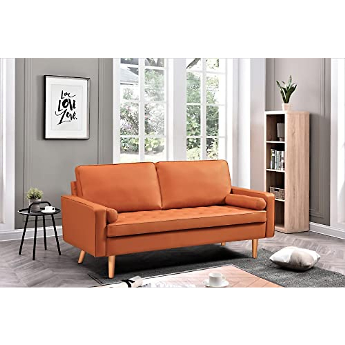Container Furniture Direct 2-Piece Set Faux Leather Sofa for The Modern Living Room with Removable Cushions and Solid Wood Legs, Luxury Style Button-Tufted Loveseat and Couch, Red Orange