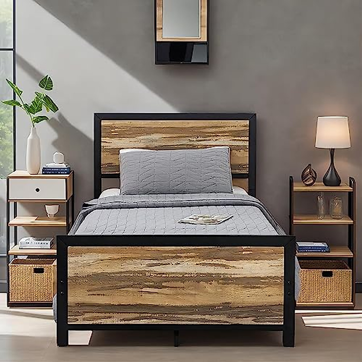 GAZHOME Twin Bed Frame with Wooden Headboard/No Box Spring Needed Heavy Duty Metal Platform / 9 Stable Leg/Noise Free/Easy Assembly