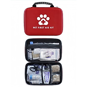 GongXueShu Dog First Aid Kit Home Travel Car First Aid Kit Emergency Kit Dog Travel Accessories – Pet Camping Essentials 101 Pieces with Thermometer and Mini First Aid Pouch & Emergency Collar, Red