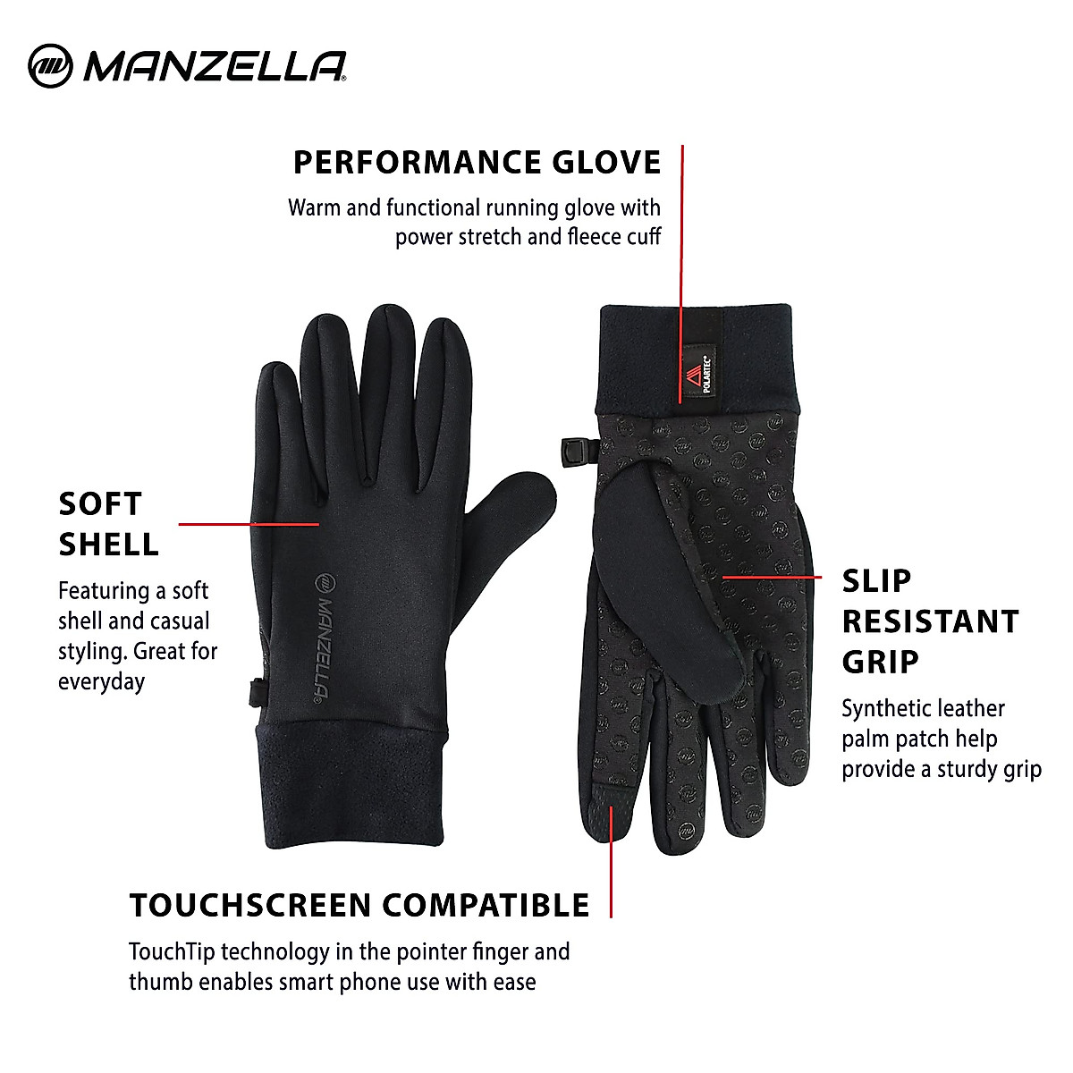 Manzella Men's Power Stretch Lightweight Glove, Touchscreen Capable