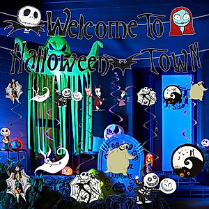 Glittery Welcome to Halloween Town Party Decorations,Welcome to Halloween Town Banner and Hanging Swirls,Halloween Nightmare Birthday Party Decorations